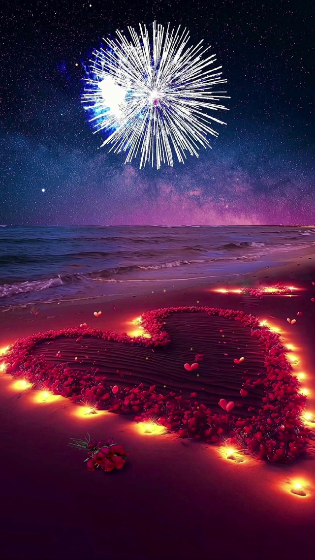 爱心烟花玫瑰海滩(风景手机动态壁纸) - 风景手机壁纸下载 - 元气壁纸